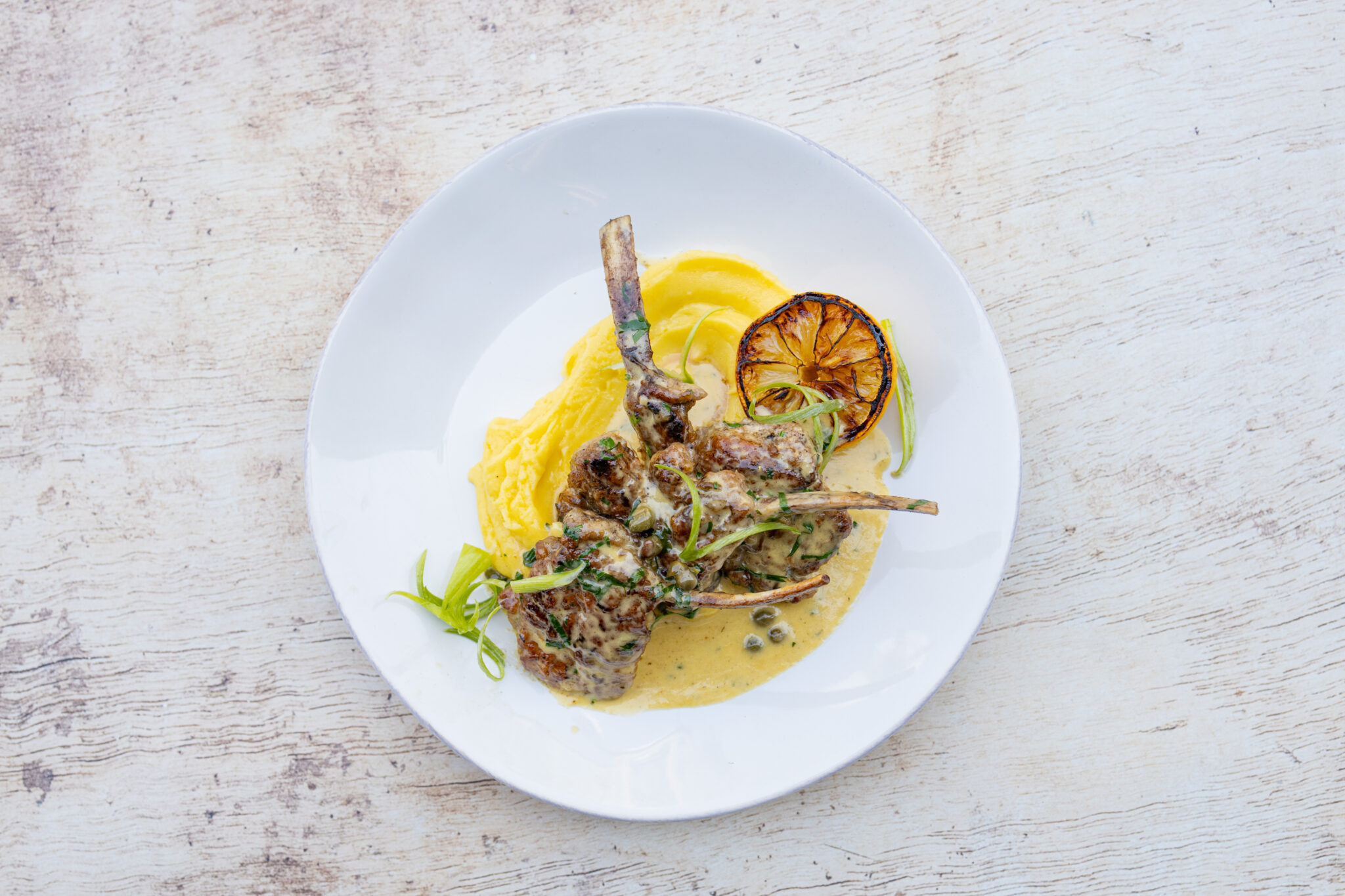 Veal Piccata with Caper-Cream Sauce, Charred Lemon & Pommes Puree ...
